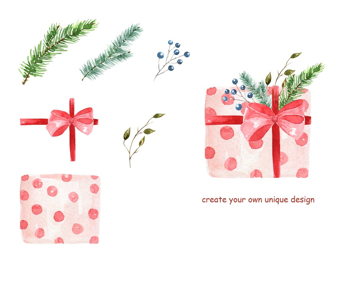 Christmas Watercolor Clipart. Watercolor Winter Gifts Clipart. - Etsy