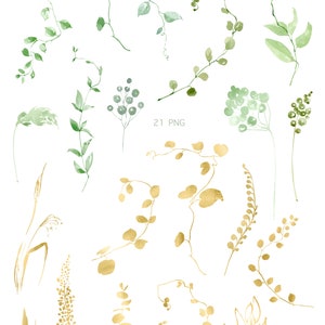 Watercolor Greenery Clipart, Green and Gold Eucalyptus Clipart ...