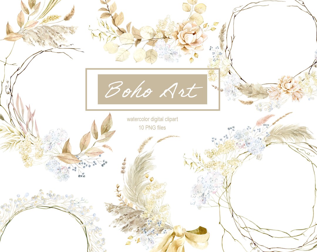 Watercolor Elegant Boho Floral Clipart. Pampas Grass Clipart, Bohemian ...