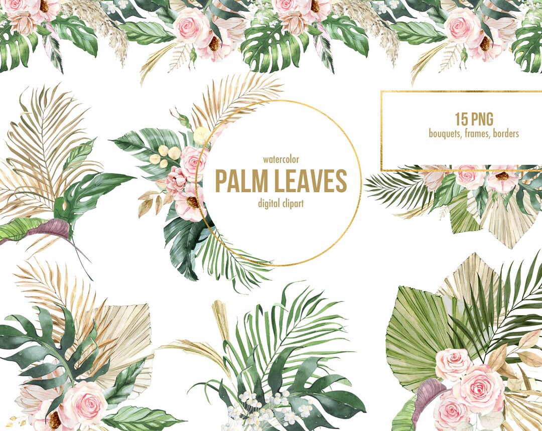 Watercolor Tropical Clipart With Monstera and Palm Leaves, Exotic ...