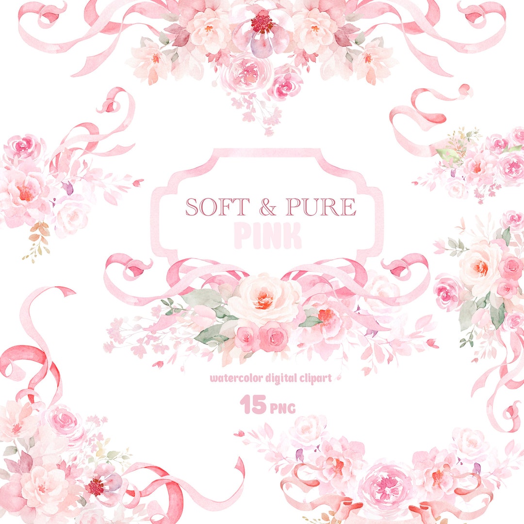 Watercolor Ribbon and Floral Frames, Borders, Bouquets, Pink Floral ...
