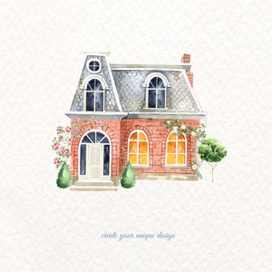 Watercolor Cottage Clipart, Sweet Home, Brick House Drawing, Gardening ...
