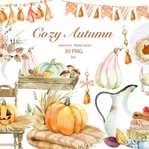 Watercolor Autumn Clipart. Rustic Fall Decor Clipart. Cozy - Etsy