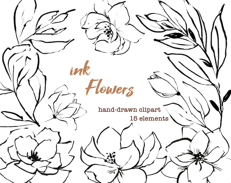 Floral Line Art Clipart. Hand-drawn Ink Flowers and Leaves. Black and ...