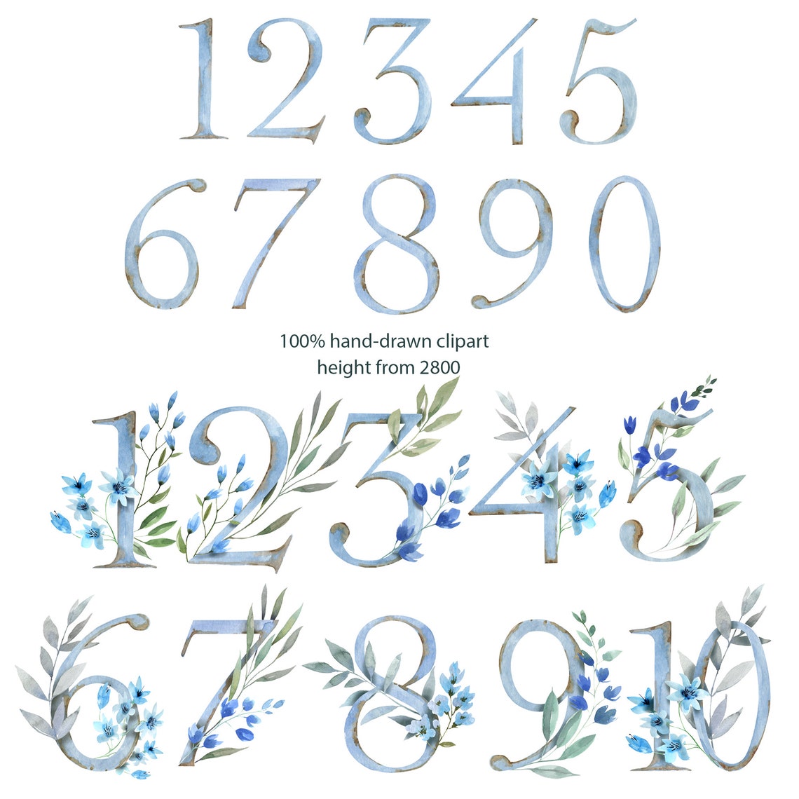 Watercolor Floral Number Clipart. Dusty Blue Floral and | Etsy
