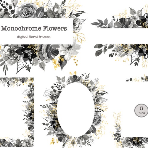 Black and White Floral Clipart Golden Flowers Clipart - Etsy