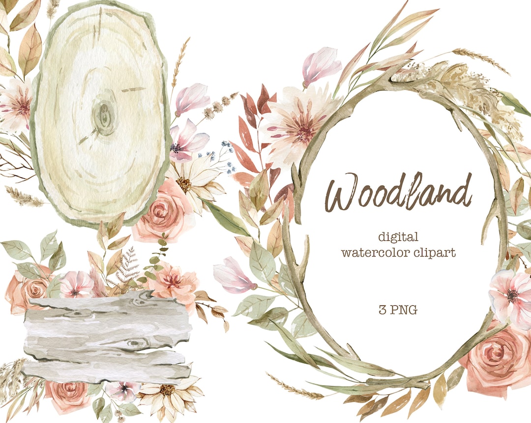 Woodslices Watercolor Clipart, Wooden and Floral Frame. Boho Wood Slice ...