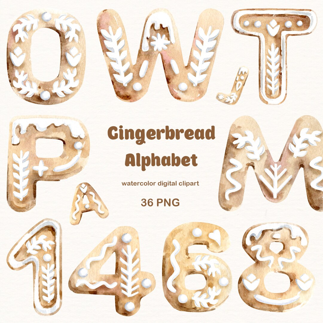 Christmas Alphabet Clipart, Christmas Gingerbread Clipart, Watercolor ...