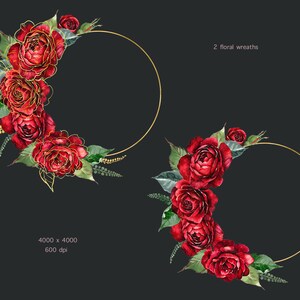 Watercolor Red and Gold Floral Wreath Clipart. Burgundy Elegant Peony ...