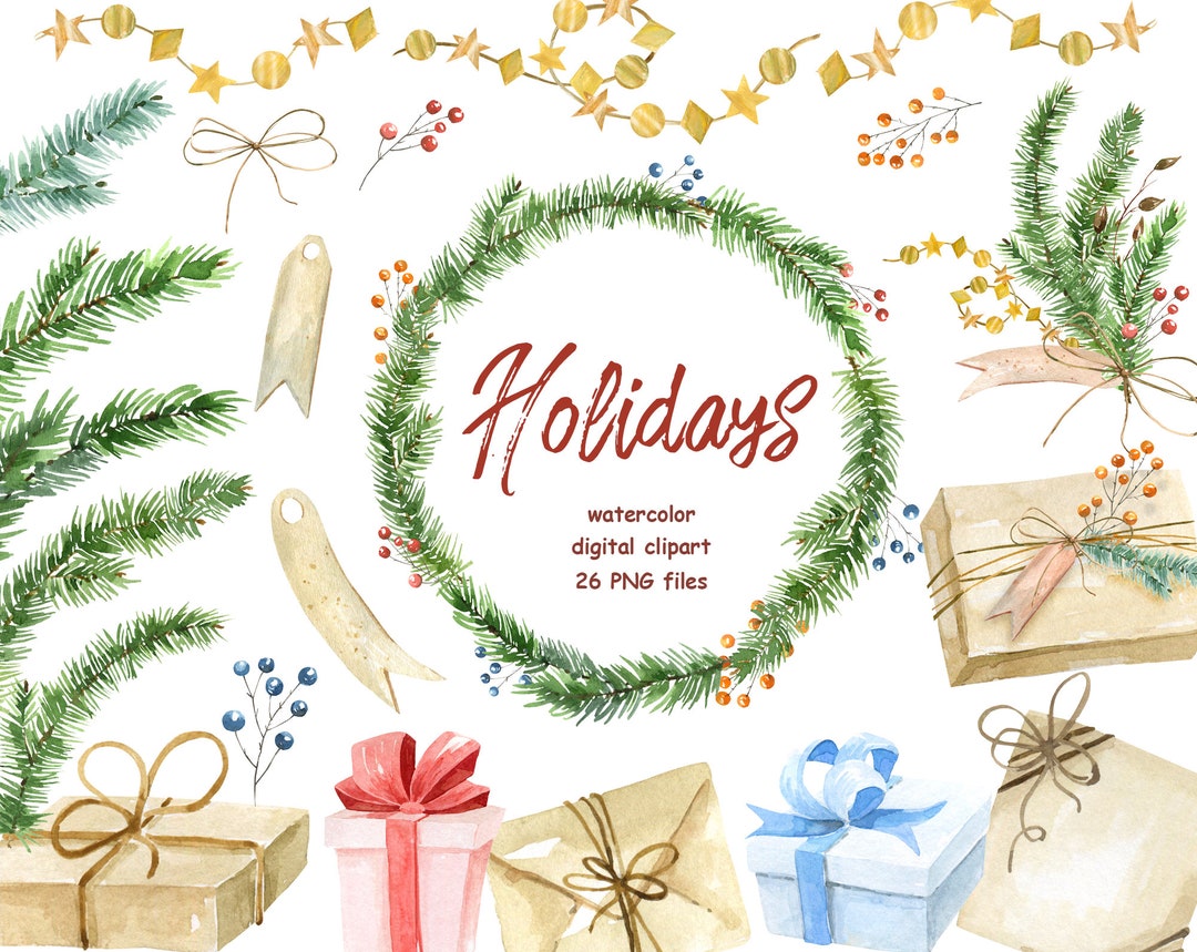 Christmas Watercolor Clipart. Watercolor Winter Gifts Clipart. Holiday ...