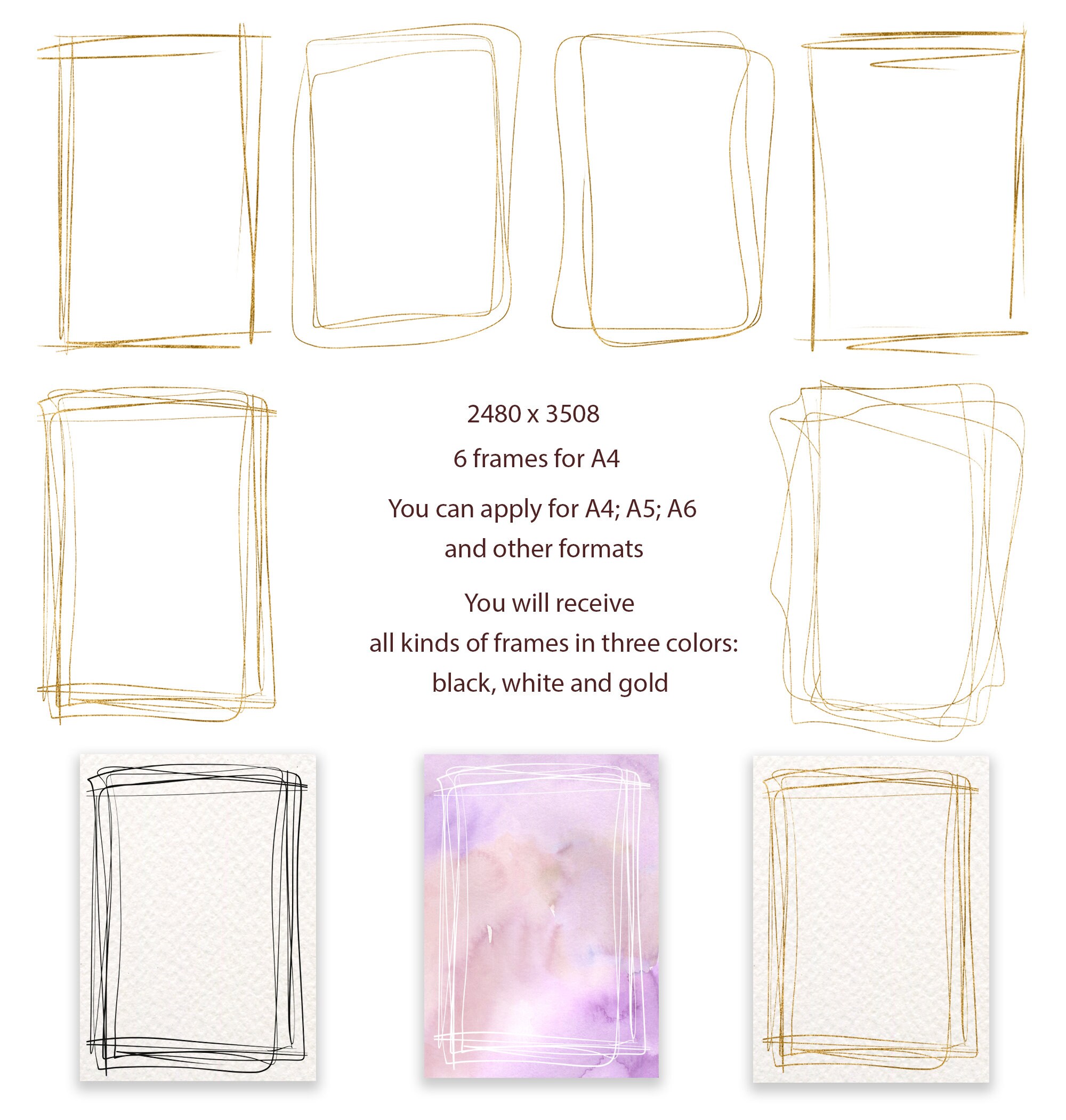 Gold Frame Clipart, Pink Watercolor Splashes Background, Gold Linear ...