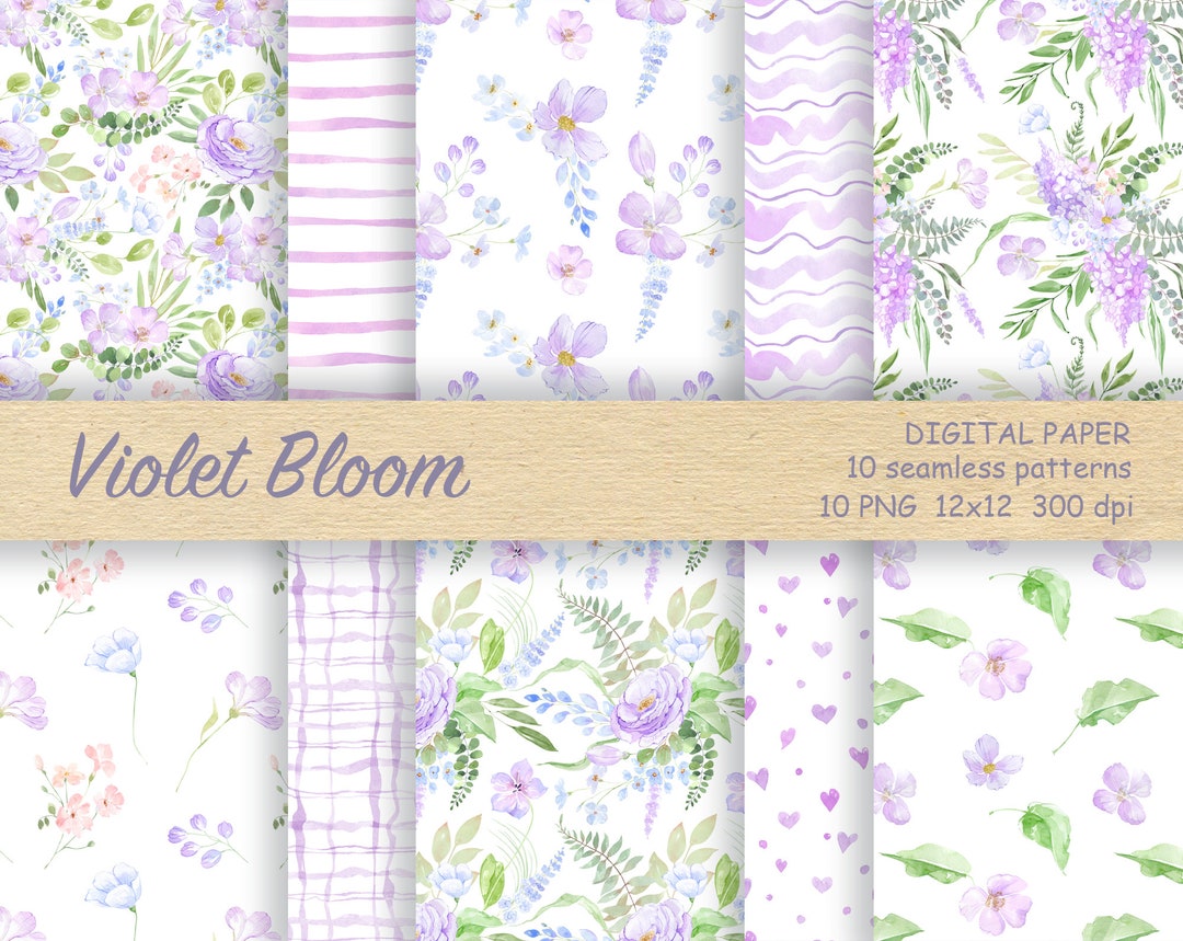 Watercolor Violet Floral Clipart, Purple Floral Seamless Backgrounds ...