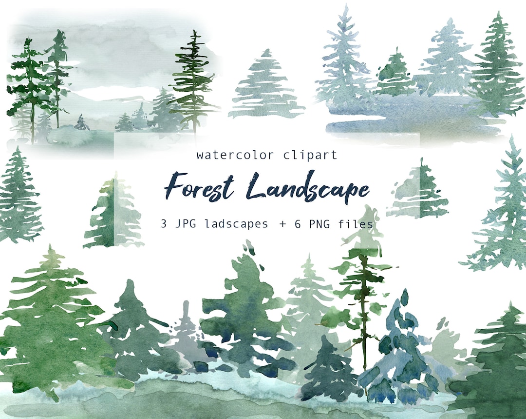 Watercolor Forest Landscape Clipart, Pine Trees Watercolor, Woodland ...