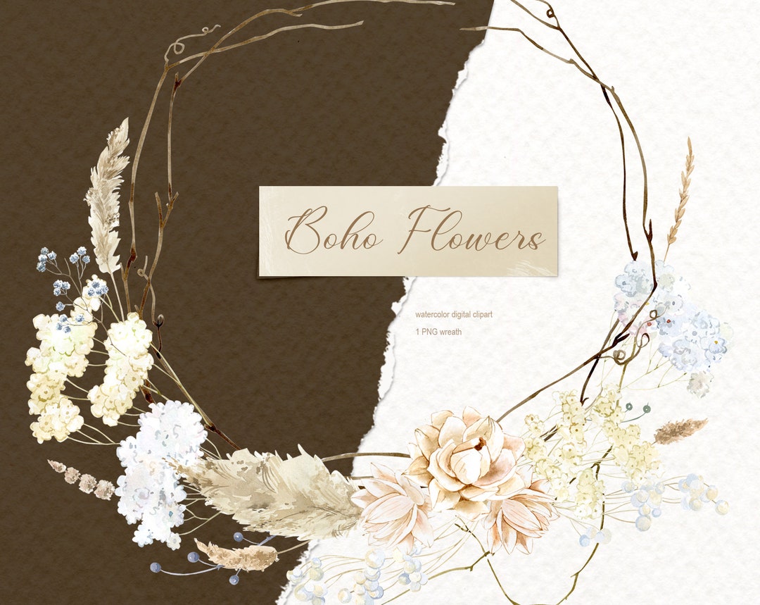 Watercolor Boho Wreath. Dried Flower Clipart. Floral Wreath Png. Boho ...