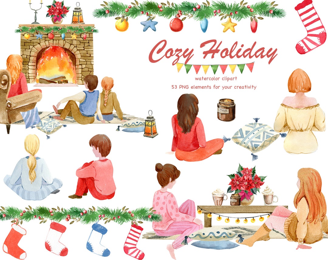Cozy Christmas Watercolor Clipart, Family Clipart, Christmas Fireplace ...