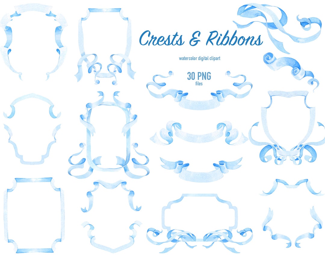 Watercolor Blue Crest Frames and Ribbons, Baby Boy Shower Clipart ...