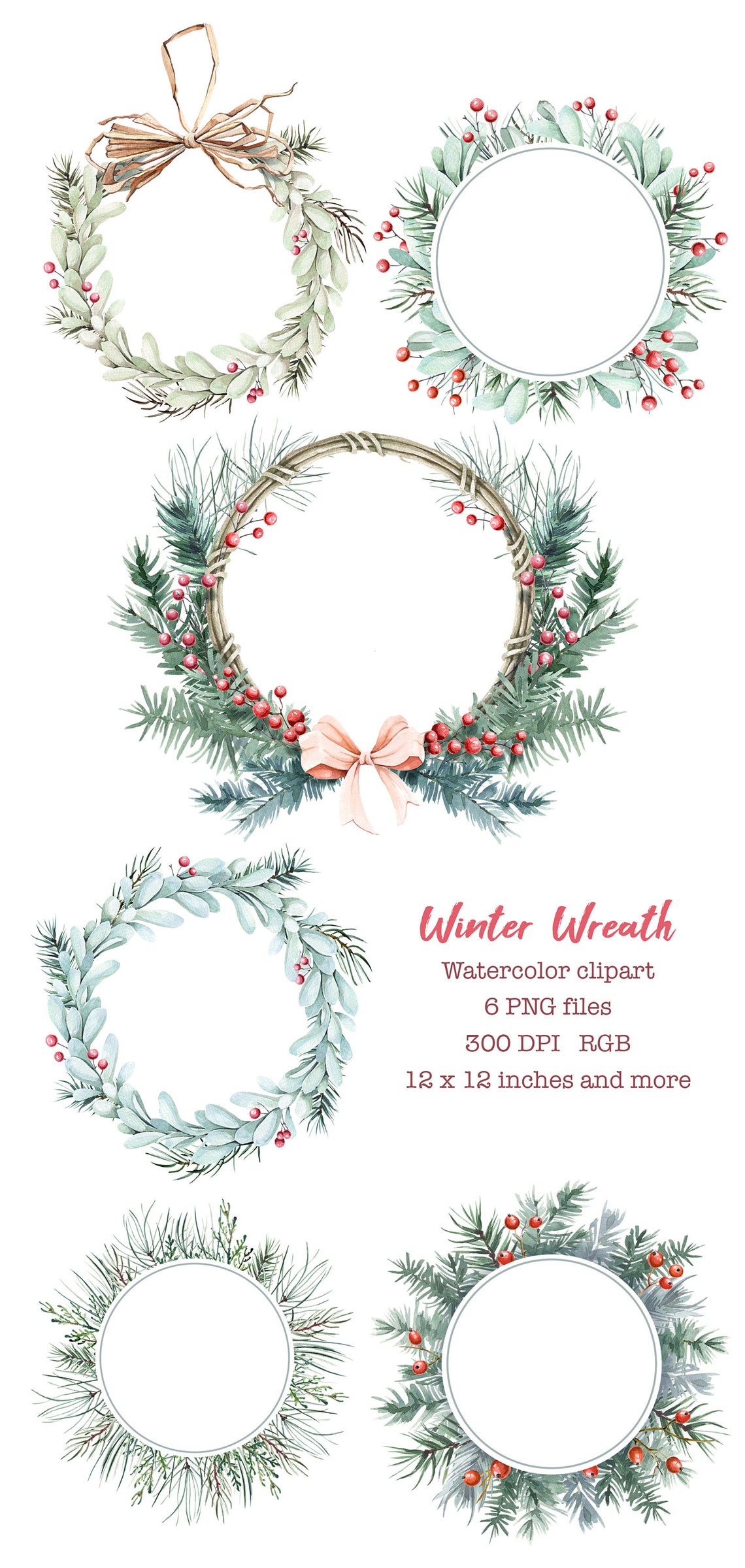 Christmas Wreath Clipart. Watercolor Winter Wreath. Watercolor - Etsy