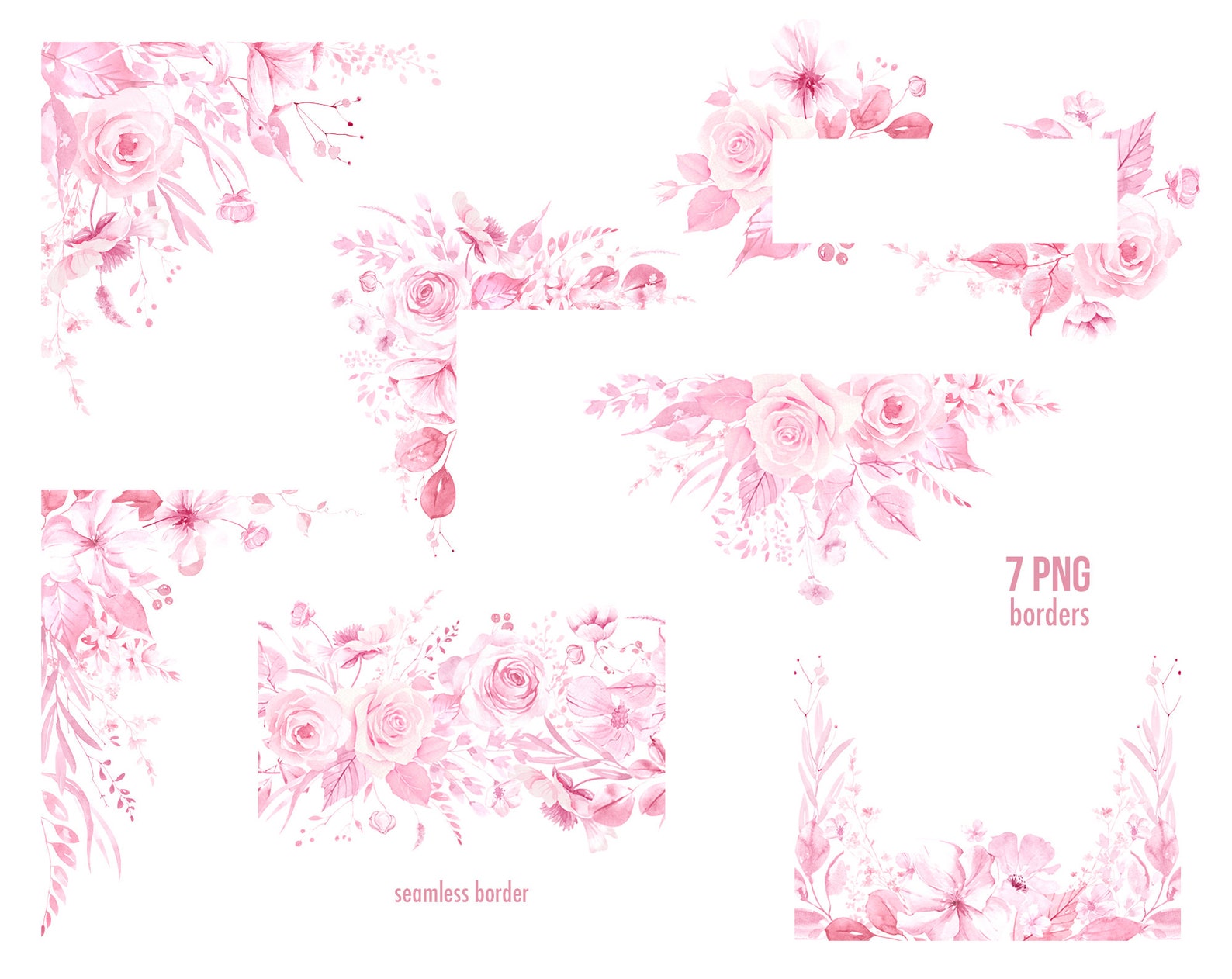Pink Watercolor Floral Border, Blush Floral Clipart, Digital Pink ...