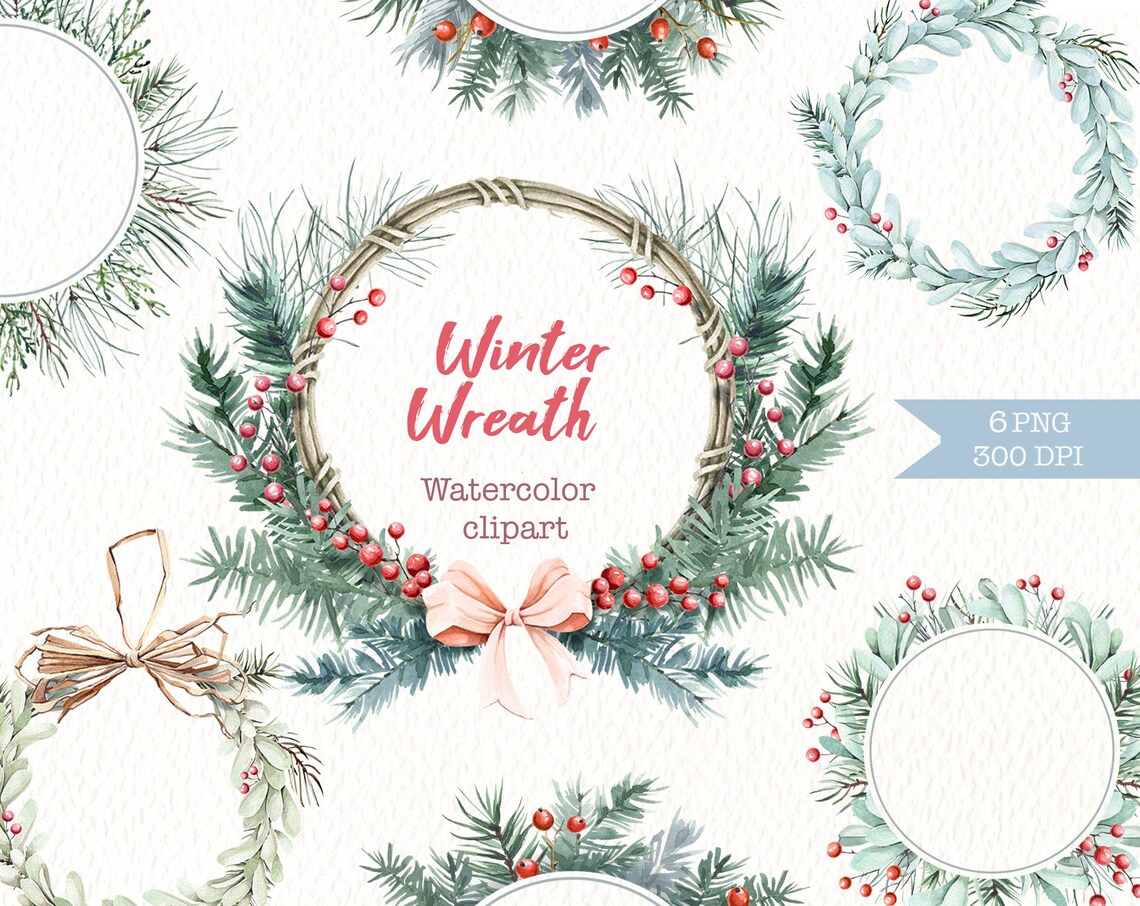 Christmas Wreath Clipart. Watercolor Winter Wreath. Watercolor - Etsy