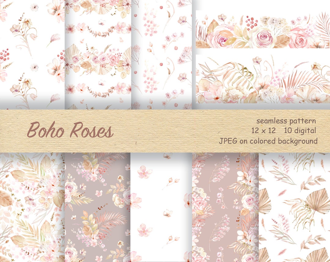 Watercolor Boho Floral Digital Paper, Scrapbook Papers, Seamless ...