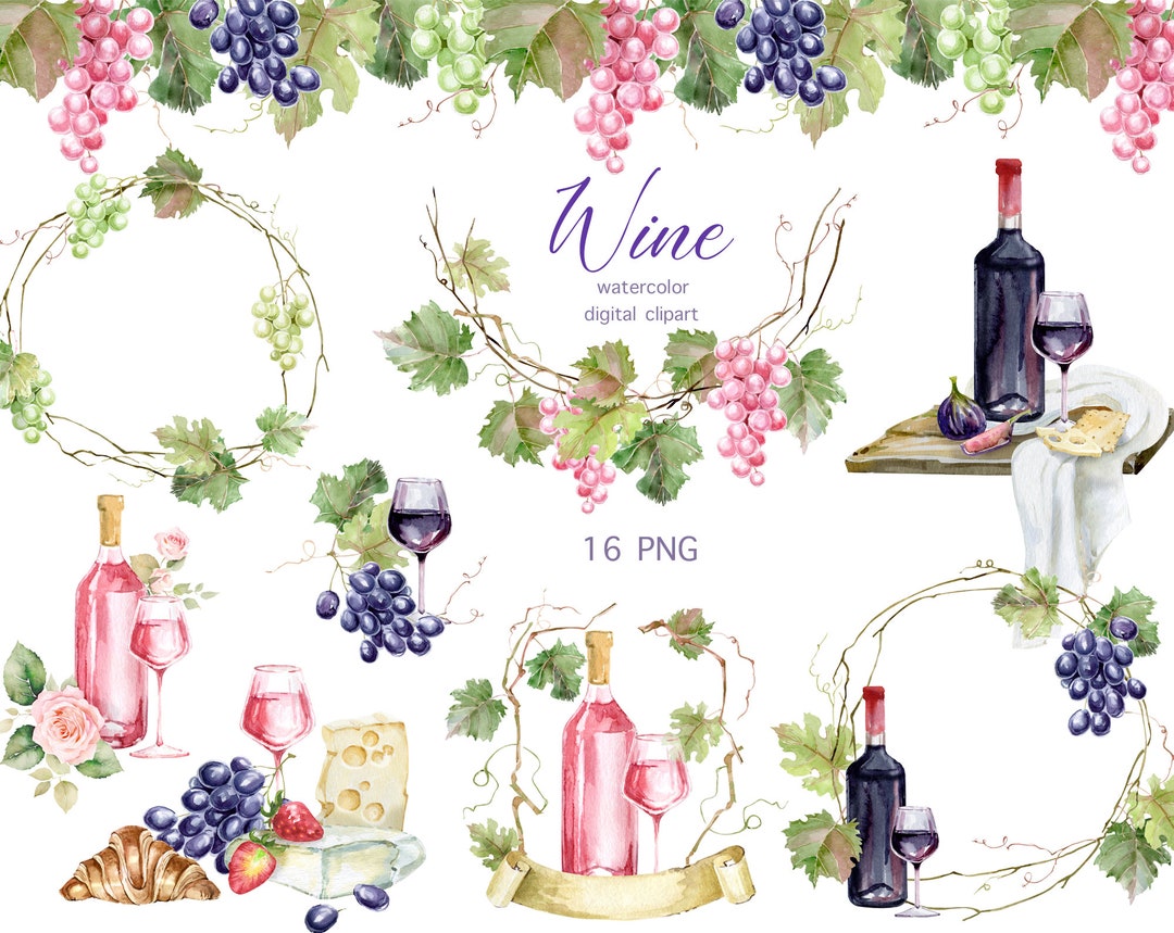 Watercolor Wine Clipart Set. Pink, White Wine Grapes, Greenery Wreaths ...