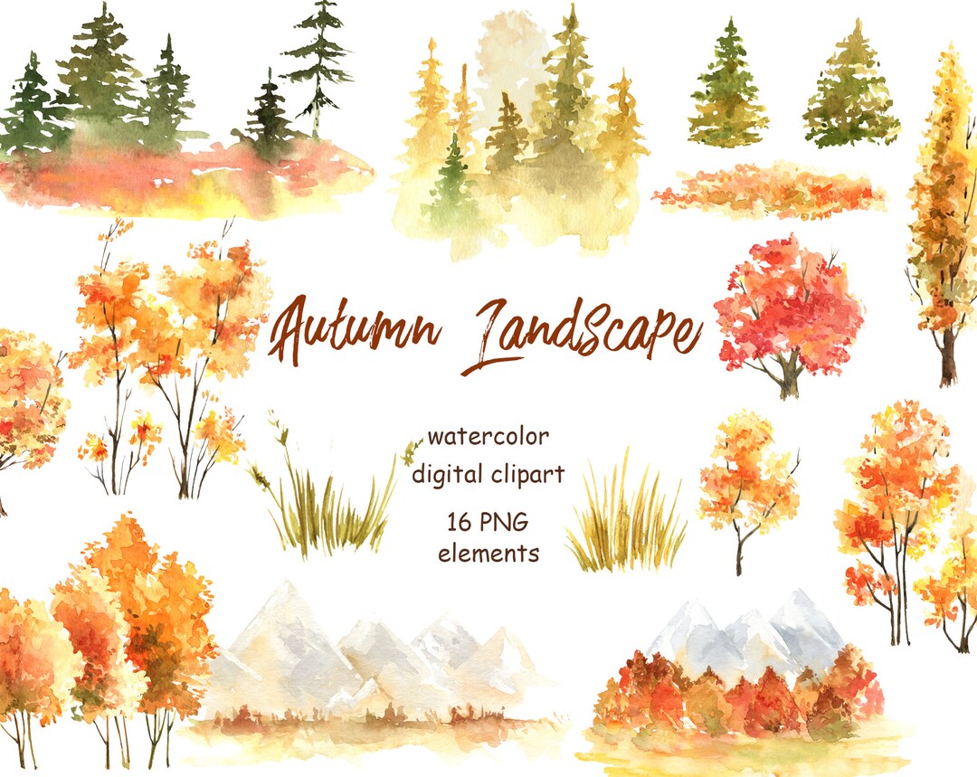 Forest Tree Watercolor Clipart, Fall Forest Clipart. Autumn Landscape ...