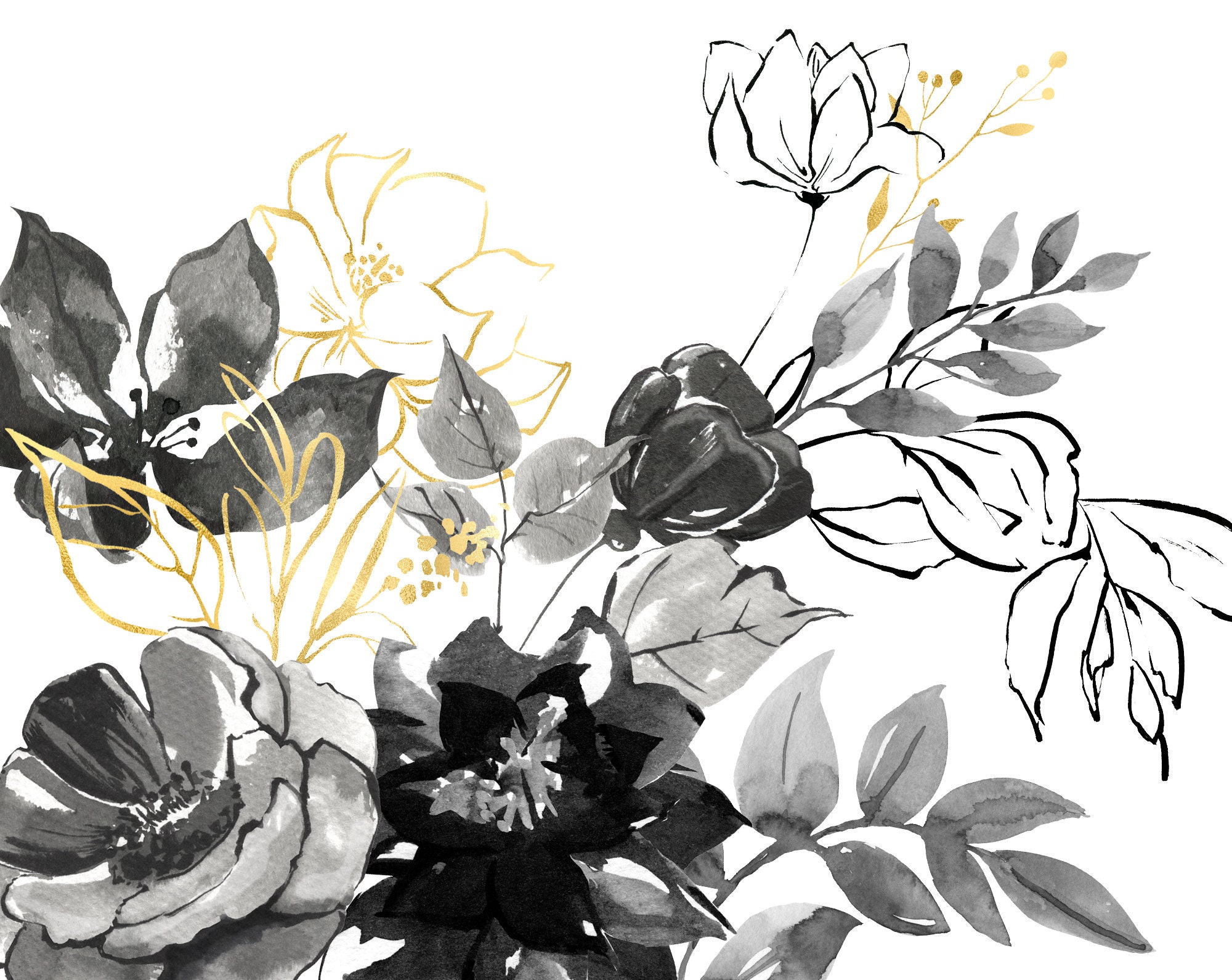 Black and White Floral Clipart Golden Flowers Clipart - Etsy