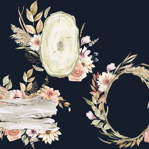 Woodslices Watercolor Clipart, Wooden and Floral Frame. Boho Wood Slice ...