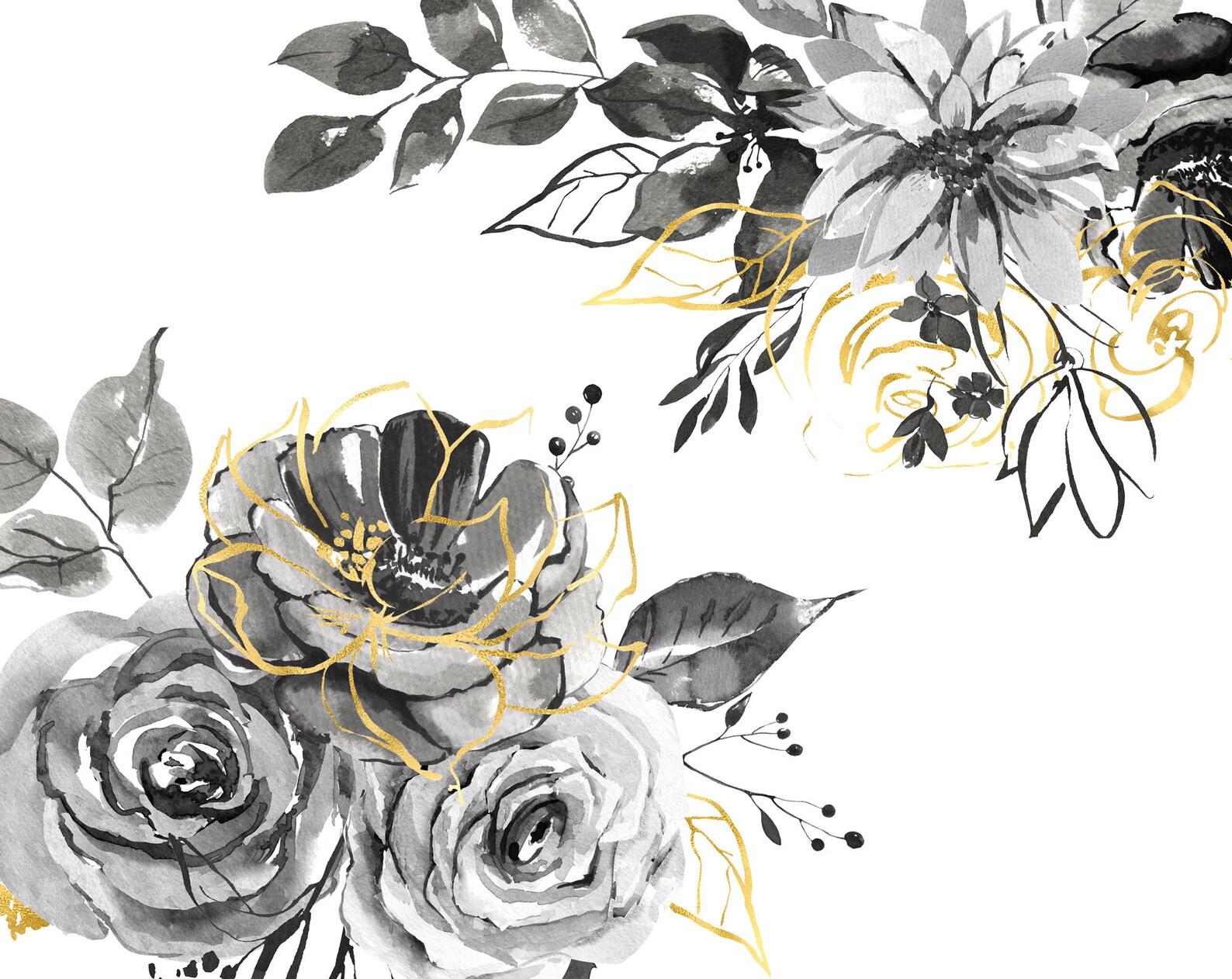 Black & White Watercolor Floral Bouquets Clipart Dark Floral - Etsy