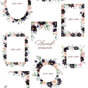 Burgundy Dark Floral Frame Clipart, Violet Flowers, Watercolor Floral ...