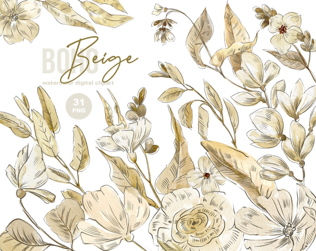 Watercolor Neutral Beige Floral Clipart. Cream Neutral Gardening ...