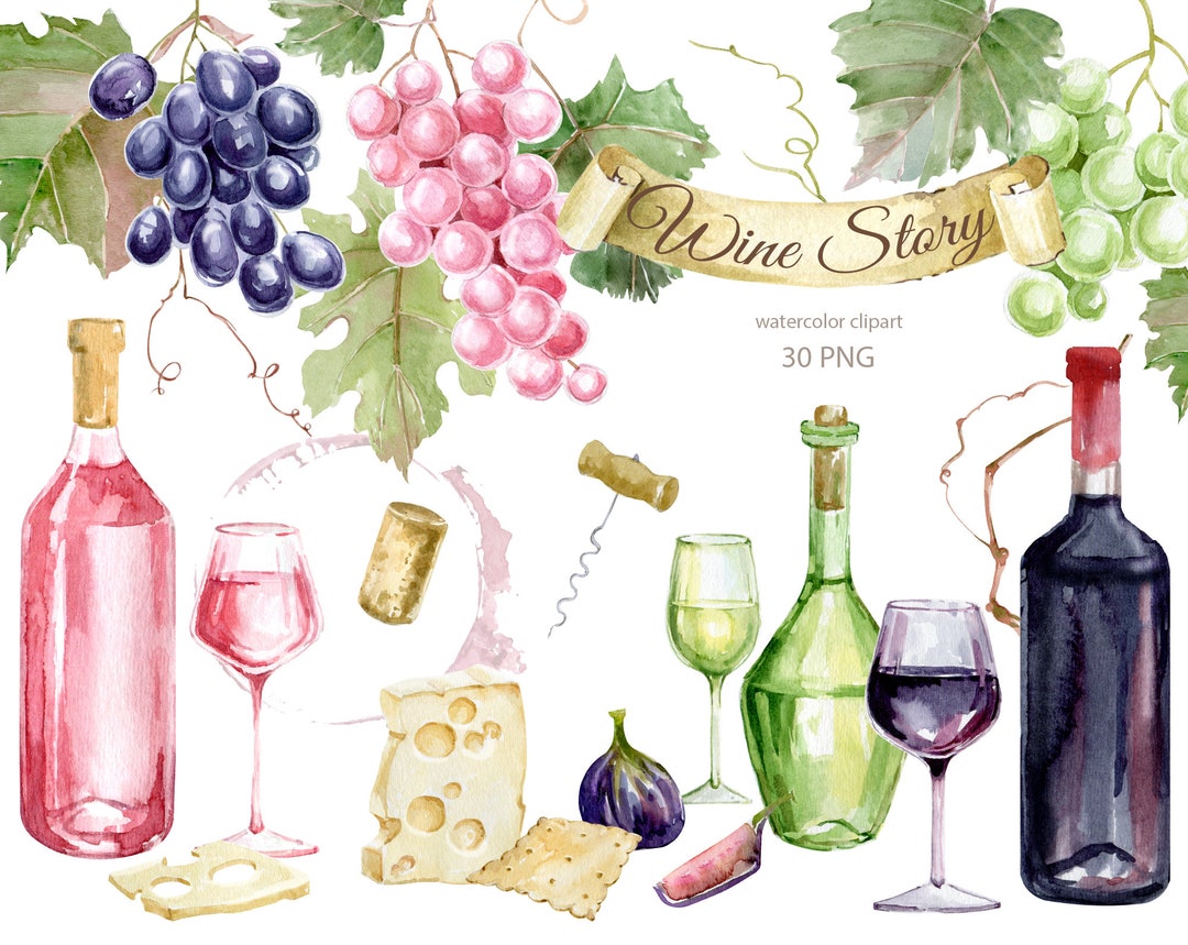 Watercolor Wine Clipart. Bottle and Glass With Wine. Pink, Purple and ...