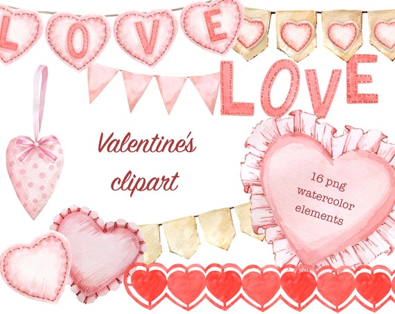 Watercolor Valentine's Day Clipart Red Heart Garland | Etsy