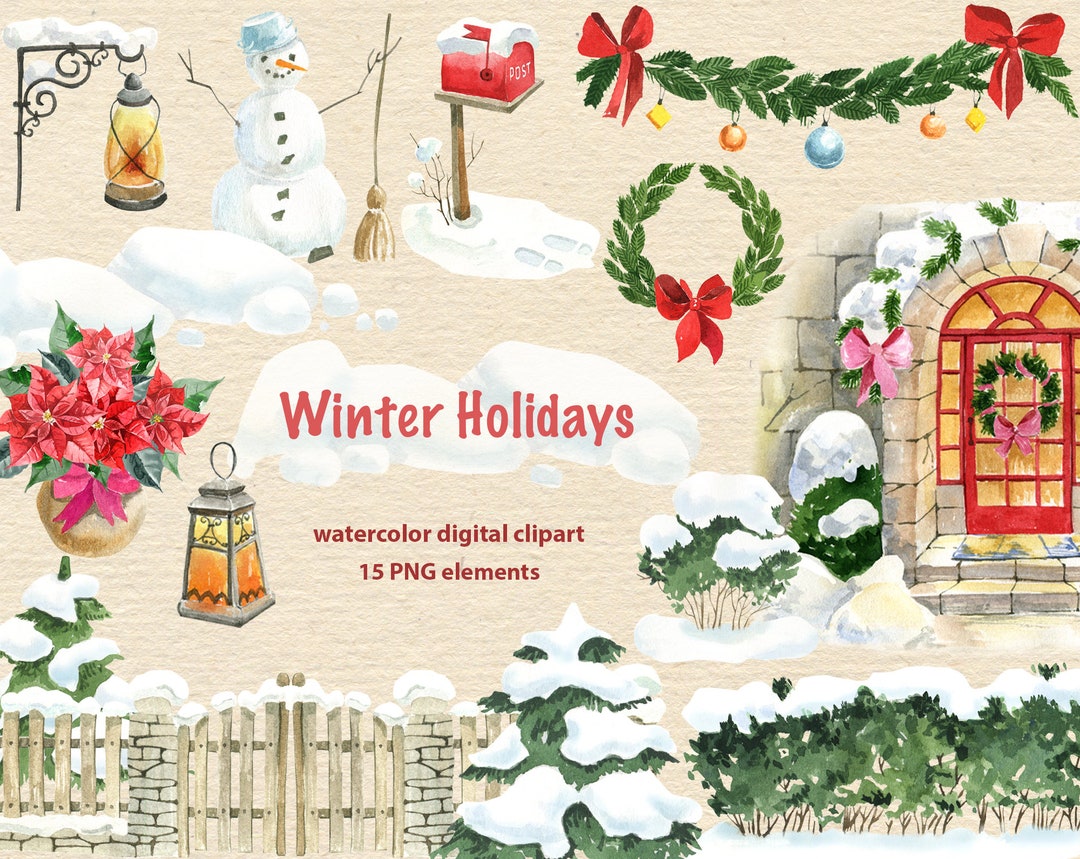 Watercolor Christmas Clipart. Hand Painted Festive Doodles ...