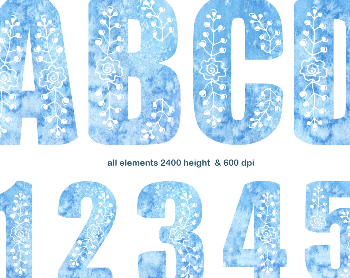 Watercolor Lettering and Numbers Clipart. Blue Alphabet - Etsy
