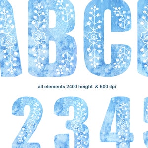 Watercolor Lettering and Numbers Clipart. Blue Alphabet Clipart. Baby ...