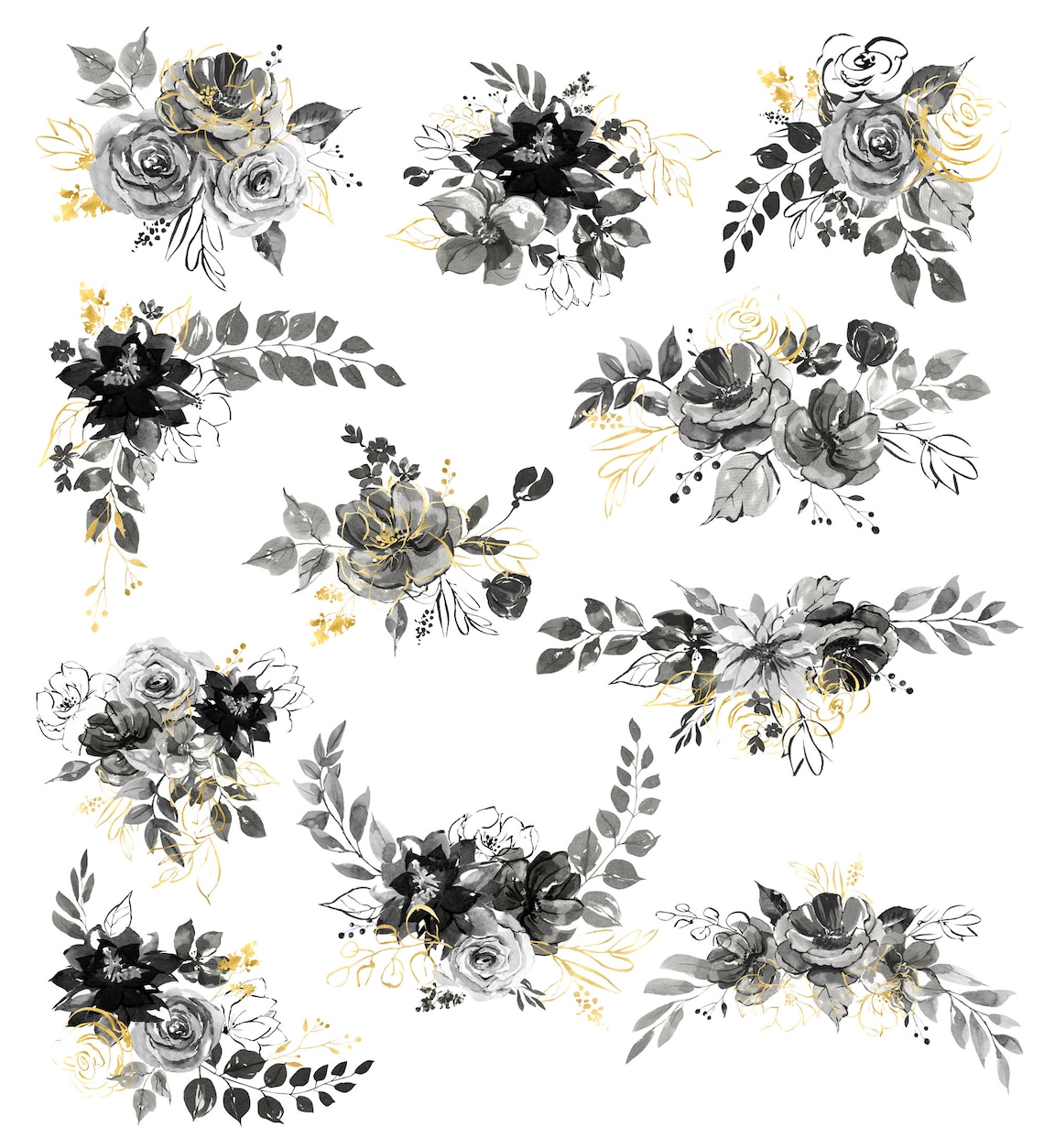 Black & White Watercolor Floral Bouquets Clipart, Dark Floral ...