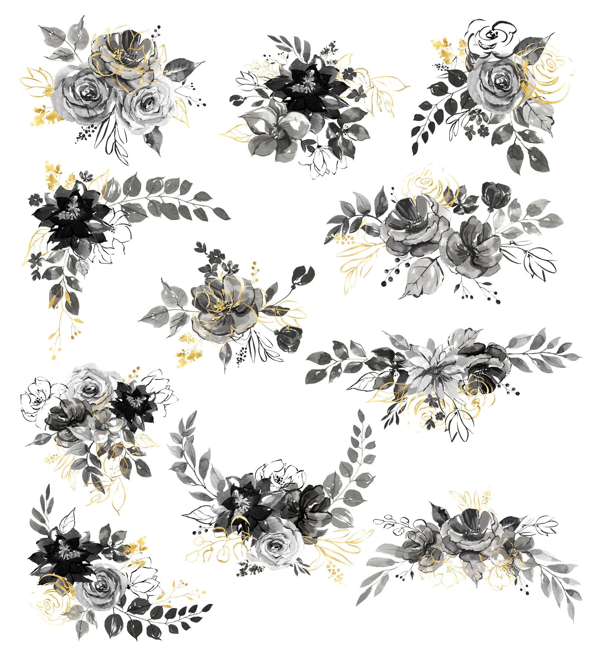 Black & White Watercolor Floral Bouquets Clipart Dark Floral - Etsy