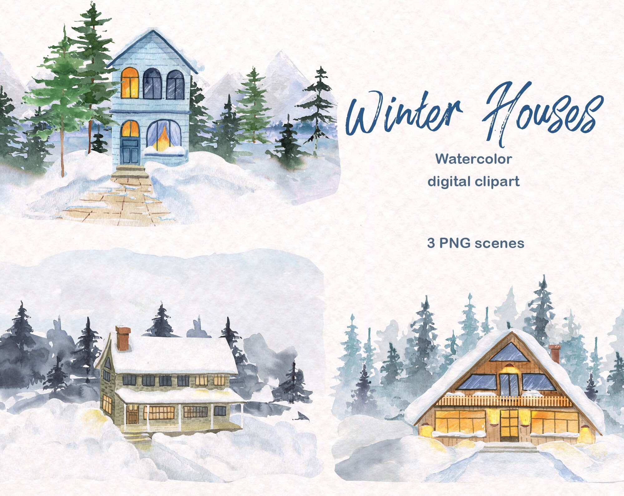 Watercolor Winter Houses Clipart. Winter Scene Clipart. Christmas ...