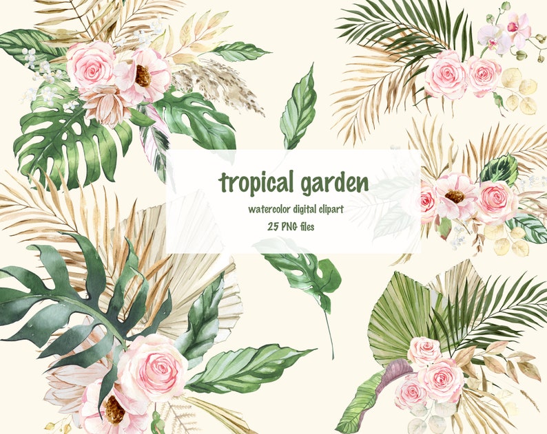 Tropical Watercolor Floral Clipart, Dried Palm Leaves, Monstera Palm ...