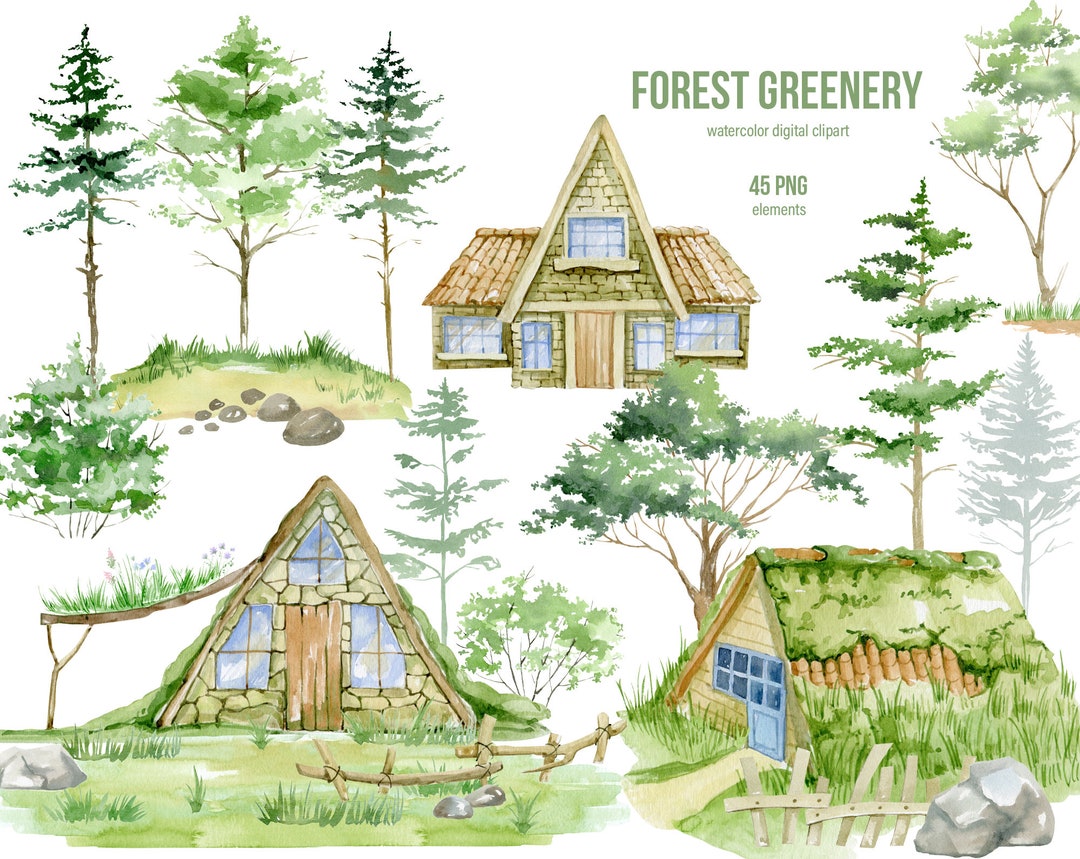 Watercolor Forest Clipart, Woodland Pine Trees, Cabin in the Wood ...