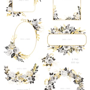 Black White and Gold Flowers PNG Clipart, Monochrome and Golden Wreaths ...