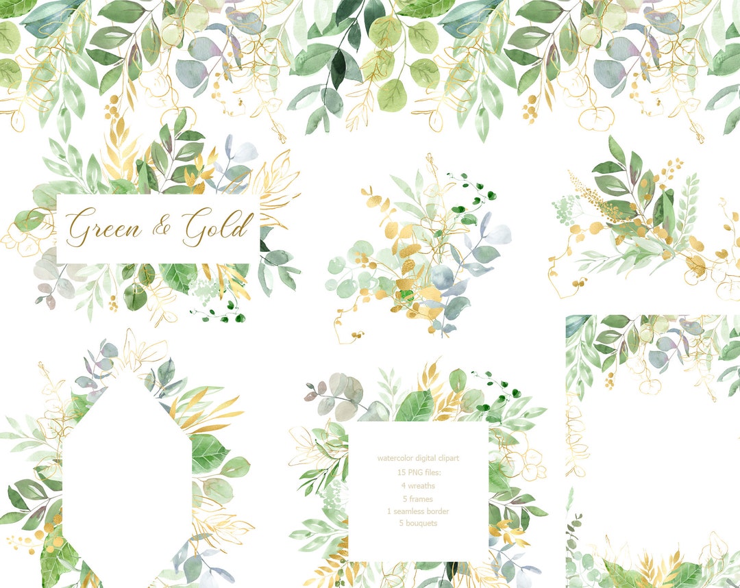 Watercolor Green and Gold Foliage Clipart, Greenery Frames, Bouquets ...