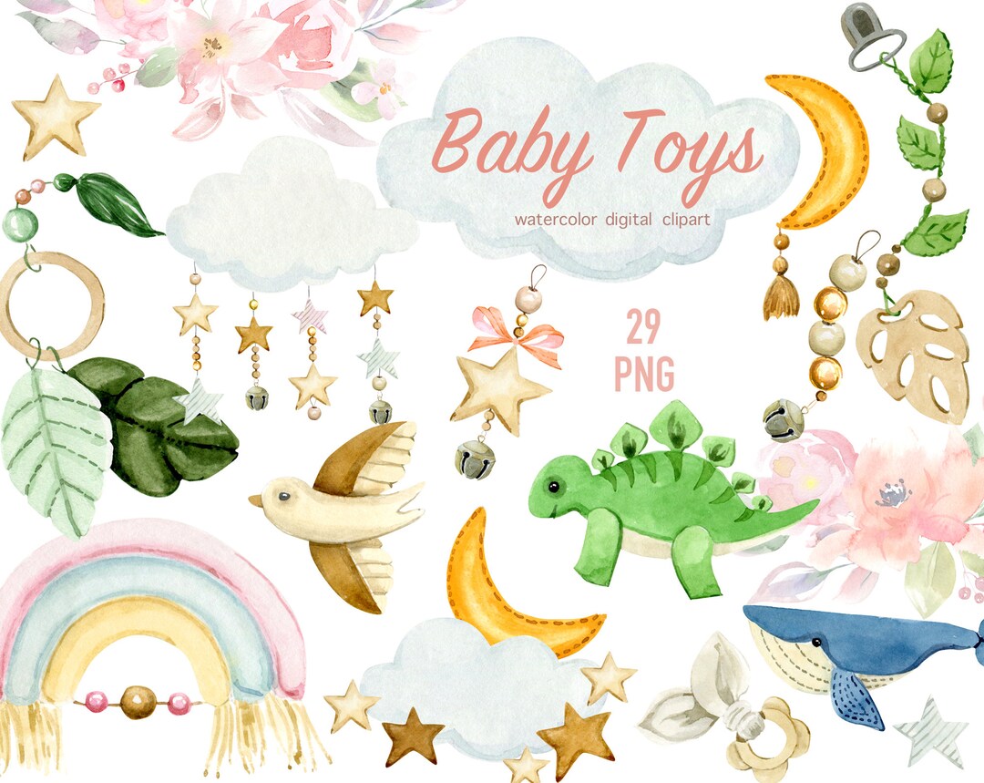 Watercolor Baby Shower Clipart, Boho Nursery Clipart, Cute Kids Toys ...