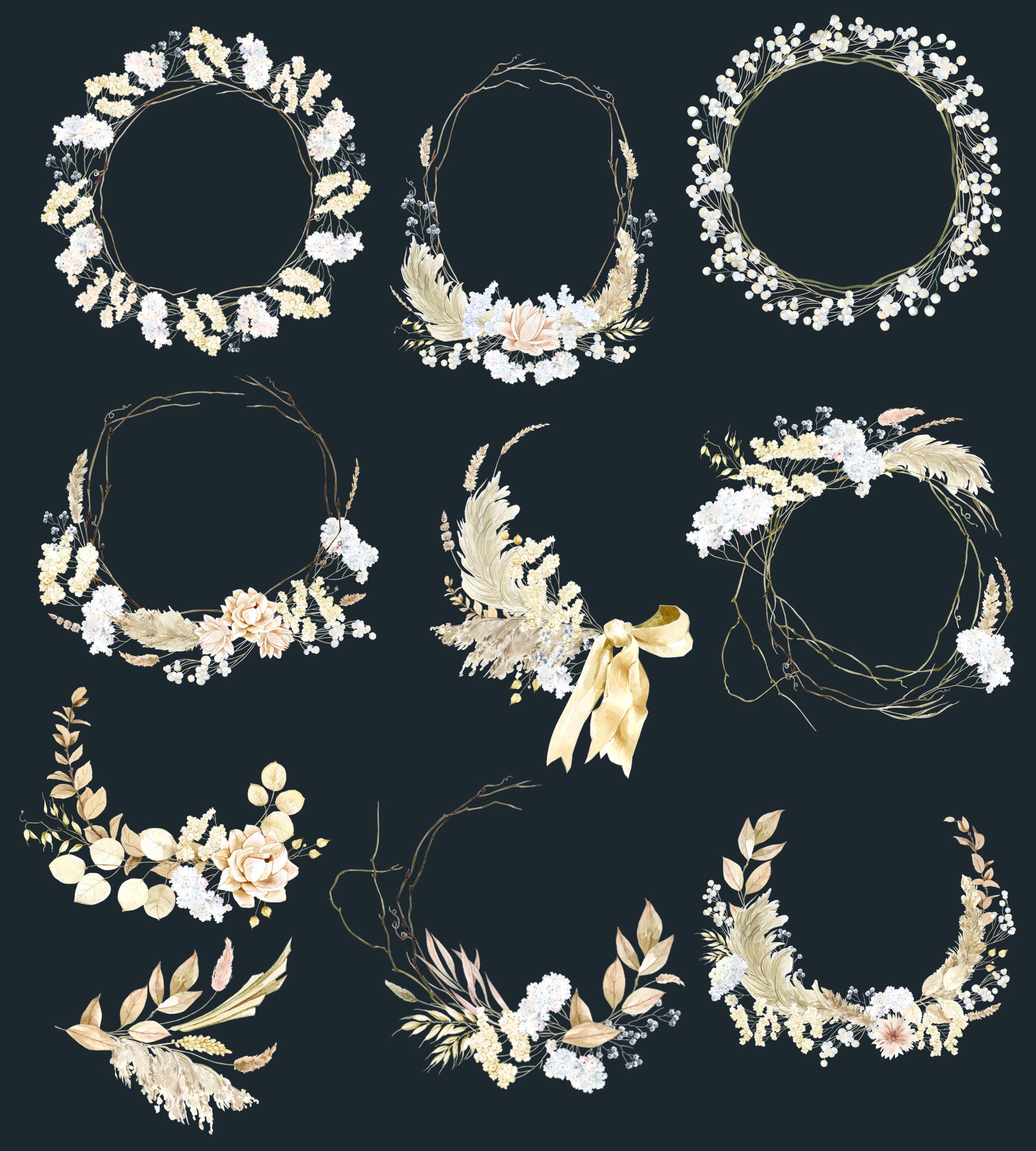 Watercolor Elegant Boho Floral Clipart. Pampas Grass Clipart, Bohemian ...