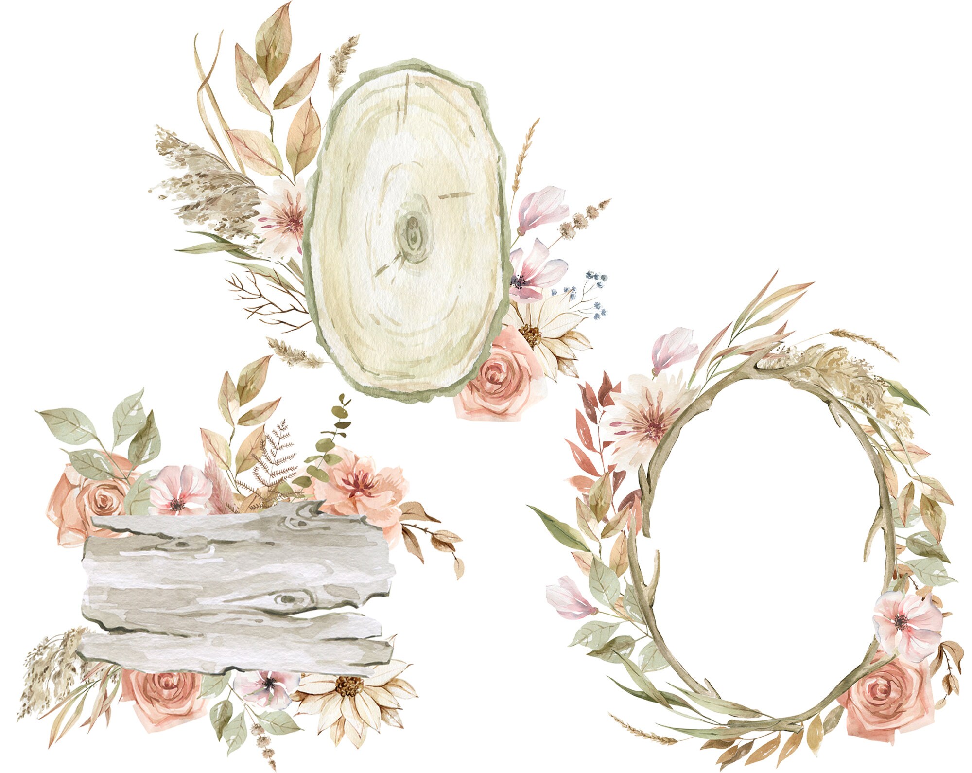 Woodslices Watercolor Clipart Wooden and Floral Frame. Boho - Etsy