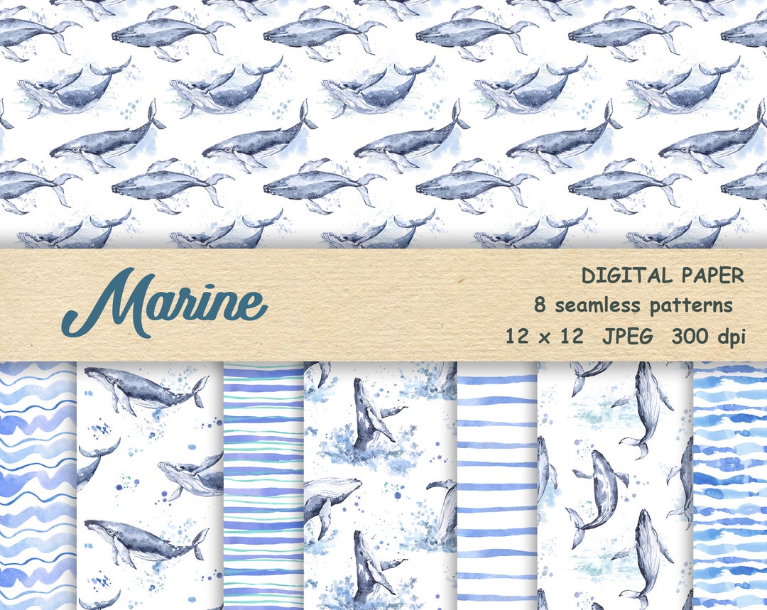 Ocean Life Digital Scrapbook Paper Set. Watercolor Nautical Seamless ...