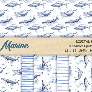 Ocean Life Digital Scrapbook Paper Set. Watercolor Nautical Seamless ...
