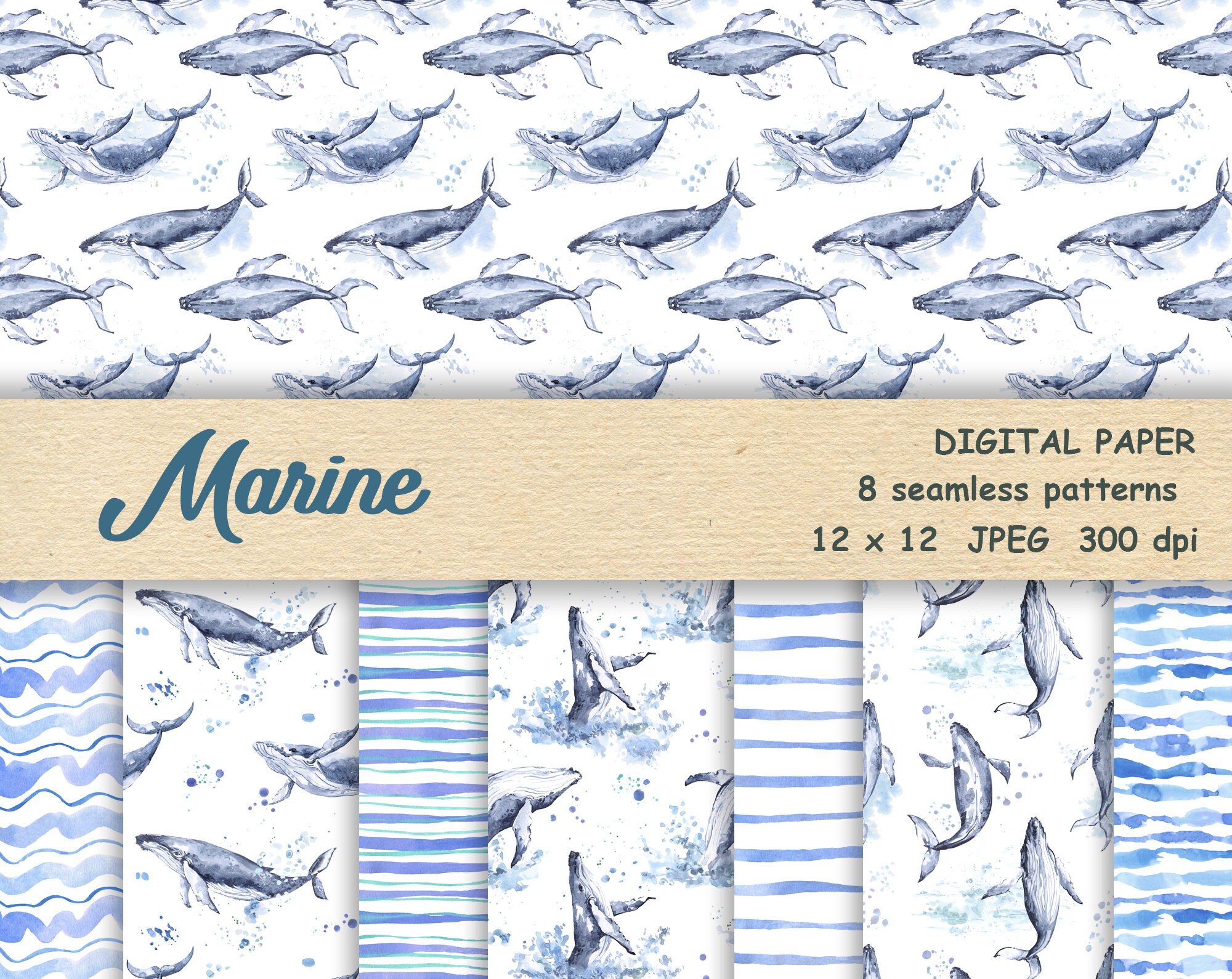 Ocean Life Digital Scrapbook Paper Set. Watercolor Nautical - Etsy