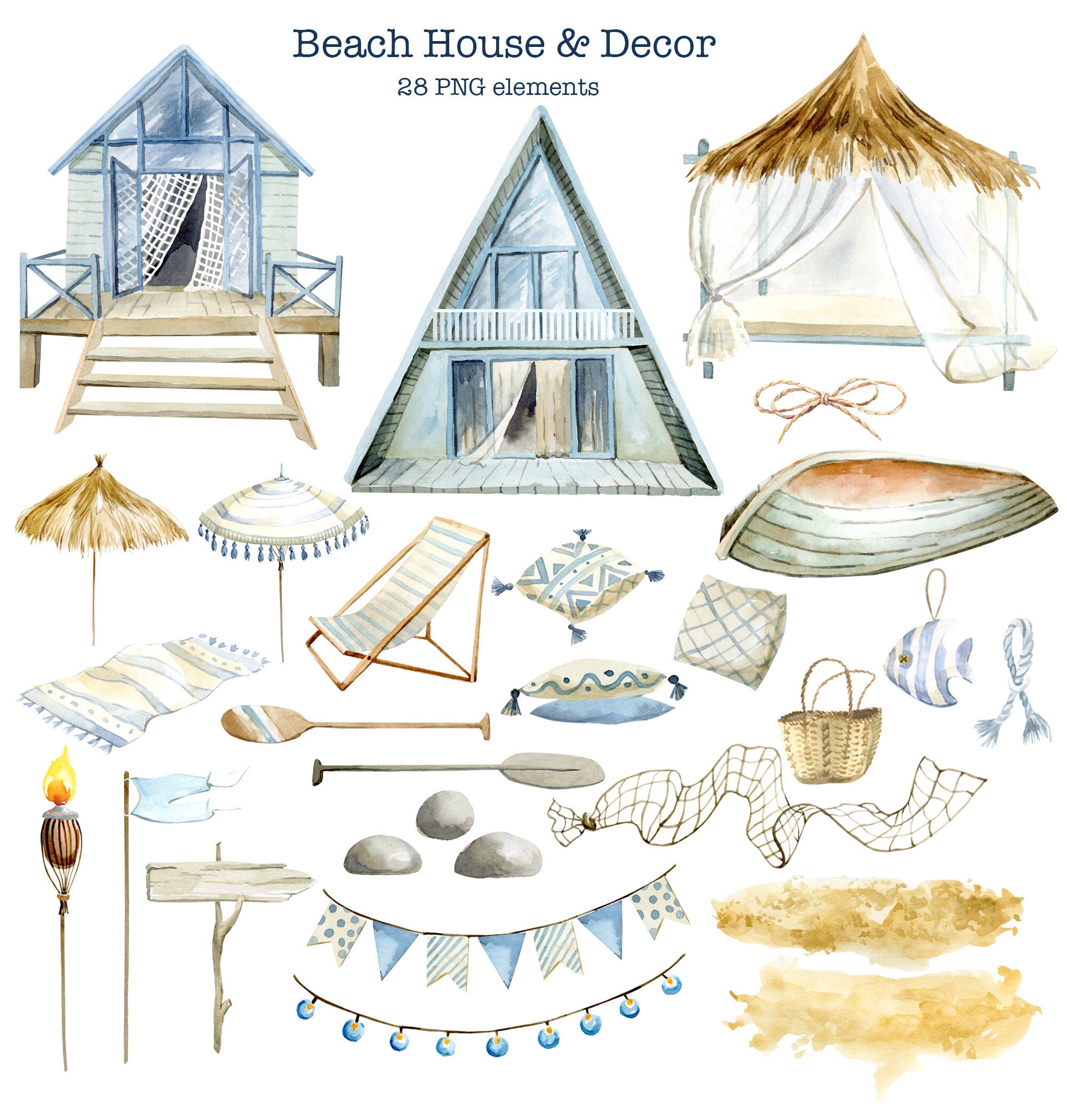 Watercolor Summer Sea Clipart. Nautical Beach. Coastal House. - Etsy